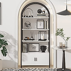 Jehiatek Arched Bookshelf, Bookcase with Doors Storage, 71 Inches Tall Industrial Book Shelf with Sturdy Metal Frame, E1 Quality Boards, Freestanding Display Shelving Unit, Black and White
