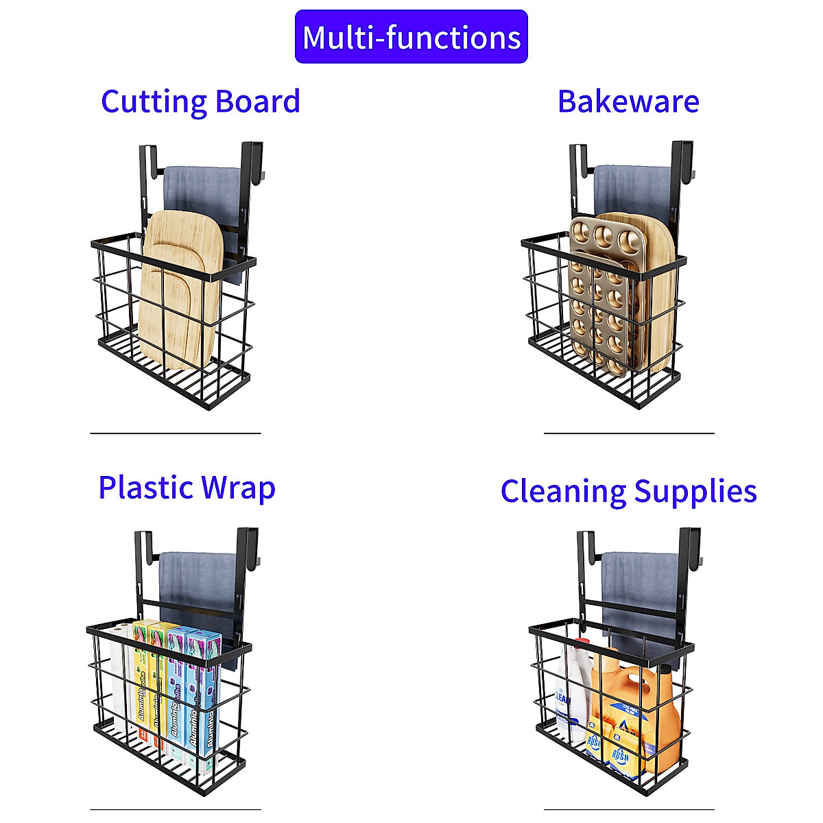 Qflushor Cabinet Door Organizer with Towel Bar, Cutting Board Organizer with Towel Holder, Over The Cabinet Door Organizer, Kitchen Cabinet Organizer for Pantry, Baking Sheet, Plastic Wrap, Black