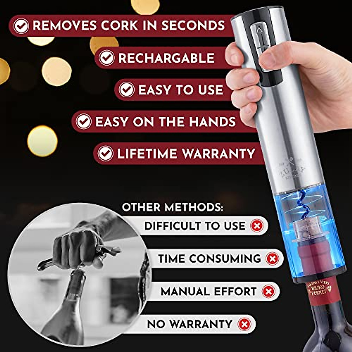 Zulay Electric Wine Opener With Charging Base and Foil Cutter - Stainless Steel Automatic Wine Bottle Opener - Rechargeable Electric Wine Bottle Opener - Wine Opener Electric Corkscrew Opener