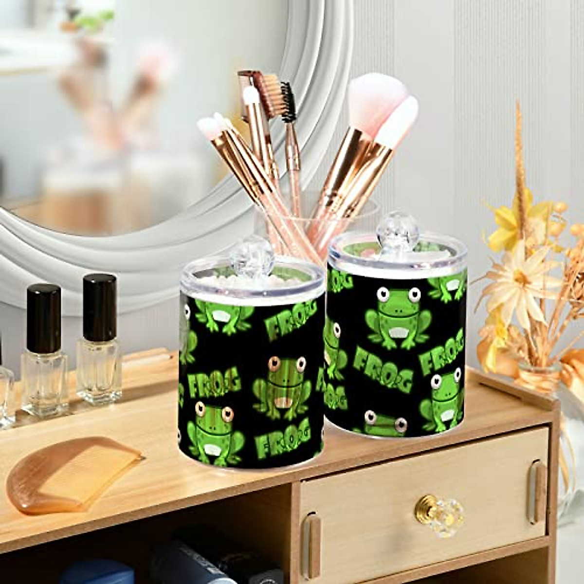 Fustylead 2 Pack Cartoon Frog Qtip Holder Dispensers, Plastic Apothecary Jar Bathroom Accessories Set for Cotton Ball, Swab, Round Pads, Floss