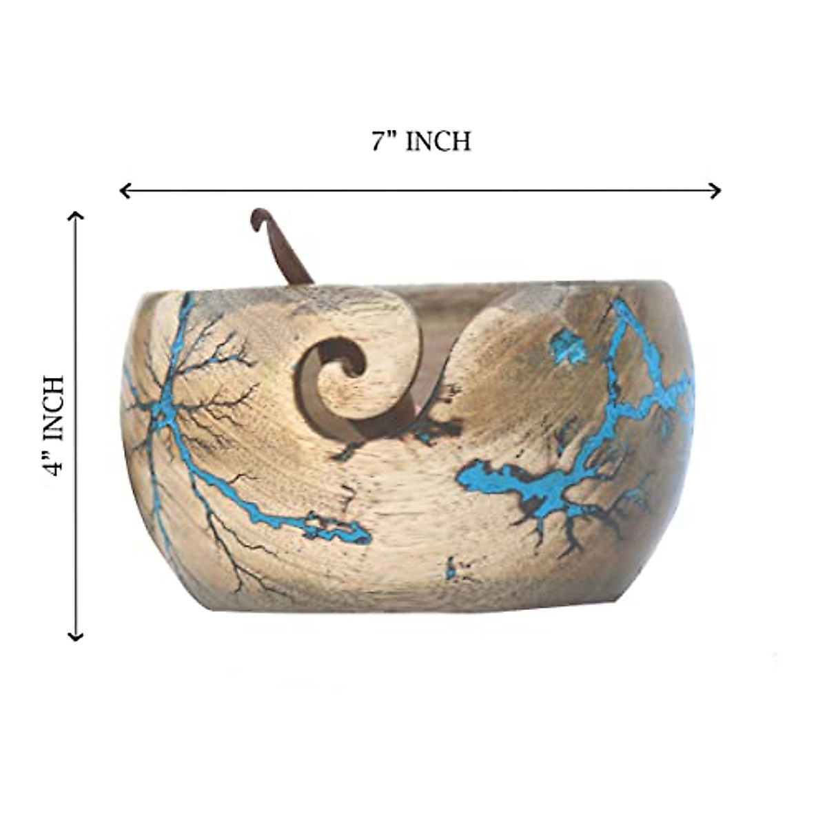 Wooden Yarn Bowl - Knitting Yarn Bowls with Holes Crochet Bowl Holder Handmade Yarn Storage Bowl - Lichtenberg Figure Yarn Bowl (Blue)