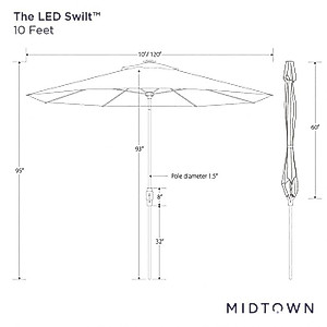 The LED Swilt 10 Feet Outdoor Umbrella With Sunbrella Bay Brown Acrylic Fabric - Auto-Tilt And Swivel Aluminum Frame Patio Umbrella With LED Lights For Deck, Garden, Pool - Black Pole
