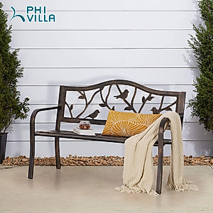 PHI VILLA 50" Patio Garden Bird Bench Steel Frame Park Yard Outdoor Furniture Cast Iron Porch Chair, Bronze