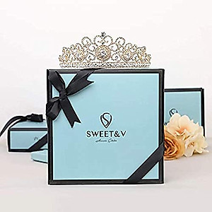 SWEETV Rose Gold Wedding Tiara Earrings Jewelry Set for Women & Girls - Bridal Tiara & Dangle Earrings with Rhinestones