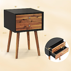 Giantex Nightstand with 2 Drawers Set of 2, Mid Century Modern Bedside Table with Solid Wood Legs, Practical End Side Table for Living Room Bedroom Small Space, Night Stand, Black & Walnut