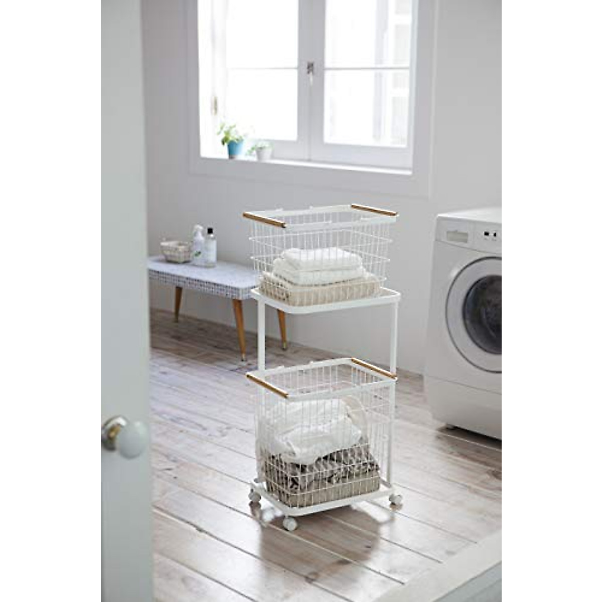 Yamazaki Home Laundry Basket Wagon-Large Storage Hamper Organizer | Steel + Wood | Short | Rolling Carts, White