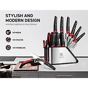 ASETY Kitchen Knife Set with Block- NSF Food-Safe 17 PCS Modern Knives Full Tang German Stainless Steel Chef Knife Set with 4-in-1 Knife Sharpener and 2x Peeler- Ergonomic Handle and Gift Box