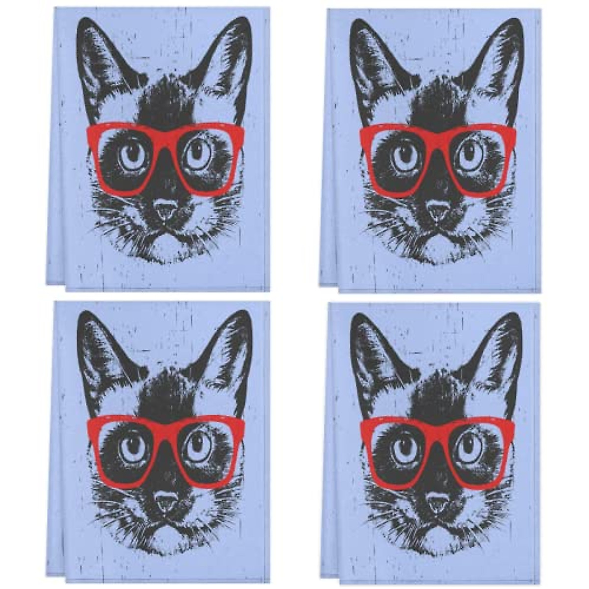 Cat Face Glasses Kitchen Towels and Dishcloths Set of 4-17.7" x 28.3" Absorbent Dish Towels with Hanging Loop Hand Towel for Farmhouse Bar Towels & Tea Towels