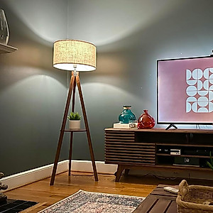 LEPOWER Tripod Floor Lamp, Mid Century Wood Standing Lamp, Modern Design Shelf Floor Lamp for Living Room, Bedroom, Office, Flaxen Lamp Shade with E26 Lamp Base