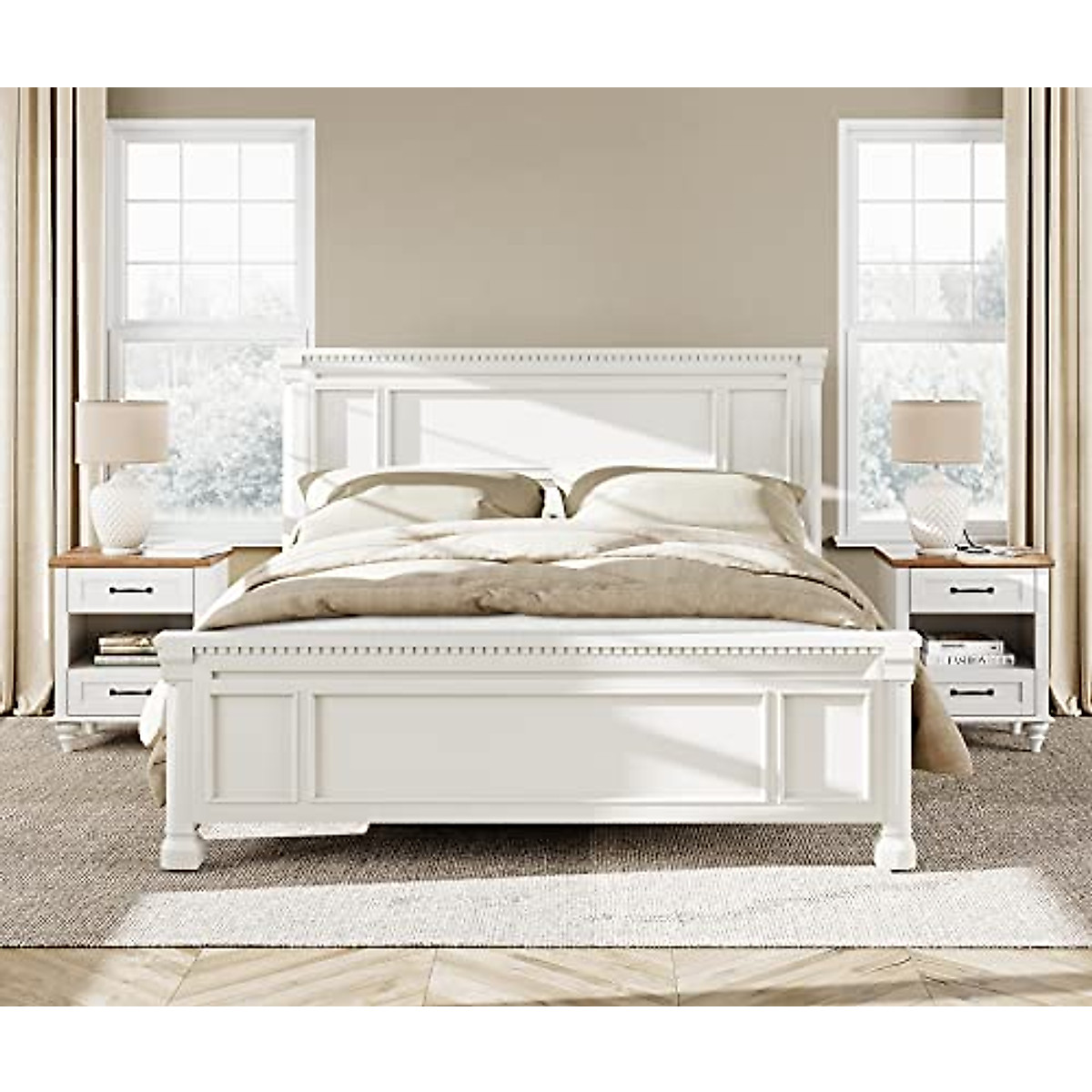 WAMPAT End Tables Storage Cabinet with Charging Station, Mid-Century Set of 2 Nightstands with 4 Drawers & Open Shelf, Farmhouse Wood Side Table for Bedroom & Living Room, Off White