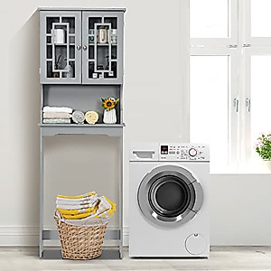 DORTALA Over The Toilet Spacesaver Storage Cabinet, Bathroom Organizer w/ 2 Glass Doors, Adjustable Inner Shelf, Open Bottom Free Standing Shelf Tower Anti-Tip Design, Rack, Gray Grey