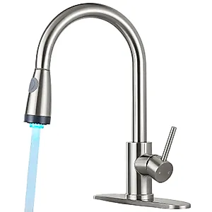 Qomolangma LED Kitchen Faucet with Pull Down Sprayer, Brushed Nickel Single Handle Kitchen Sink Faucet with Pull Out Sprayer, Stainless Steel