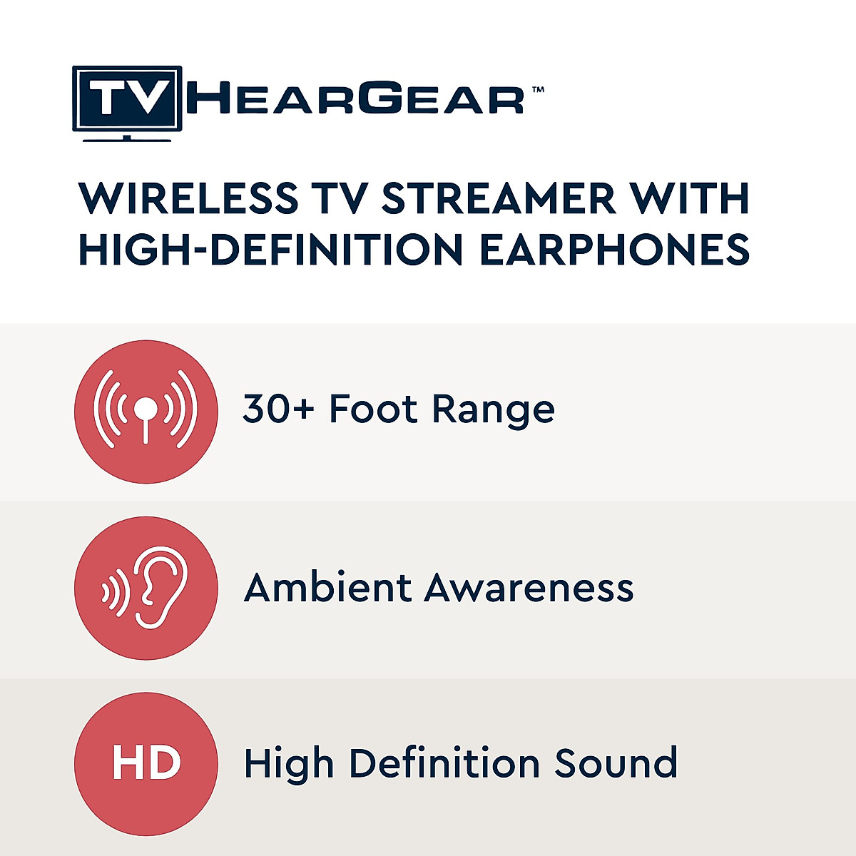 TV HearGear - Bluetooth Wireless TV Streamer with High-Definition Earphones - Stream TV, Music & Calls - 30-Foot Range, 8+ Hour Battery Life, Rechargeable
