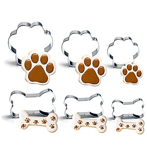 KAISHANE 6 PCS Dog Paw&Bone Cookie Cutter Set, Stainless Steel Biscuit Cutters for DIY Baking Fondant Cake Molds Dog Treats, Bones 3 Size-2.6/2/1.6IN, Paw 3 Sizes-3.2/2.4/1.6IN