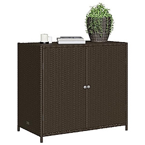 loibinfen Wicker Outdoor Storage Cabinet with Two Doors, Freestanding Outdoor Patio Storage Unit, Rattan Deck Box, Brown 32.7"x17.7"x29.9" Poly Rattan, -83