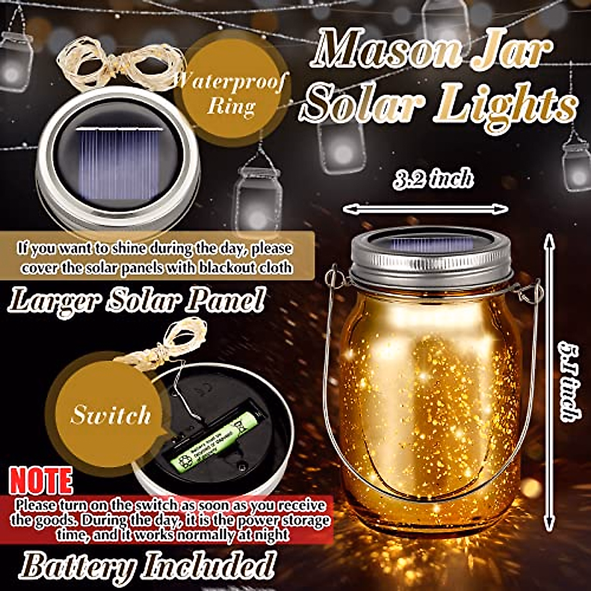 Suclain 6 Pack Mason Jars Painted Mason Jars Wide Decorative Jar Glass Decorative Jars for Home Table Centerpiece Decoration and Wedding Favor (Gold)