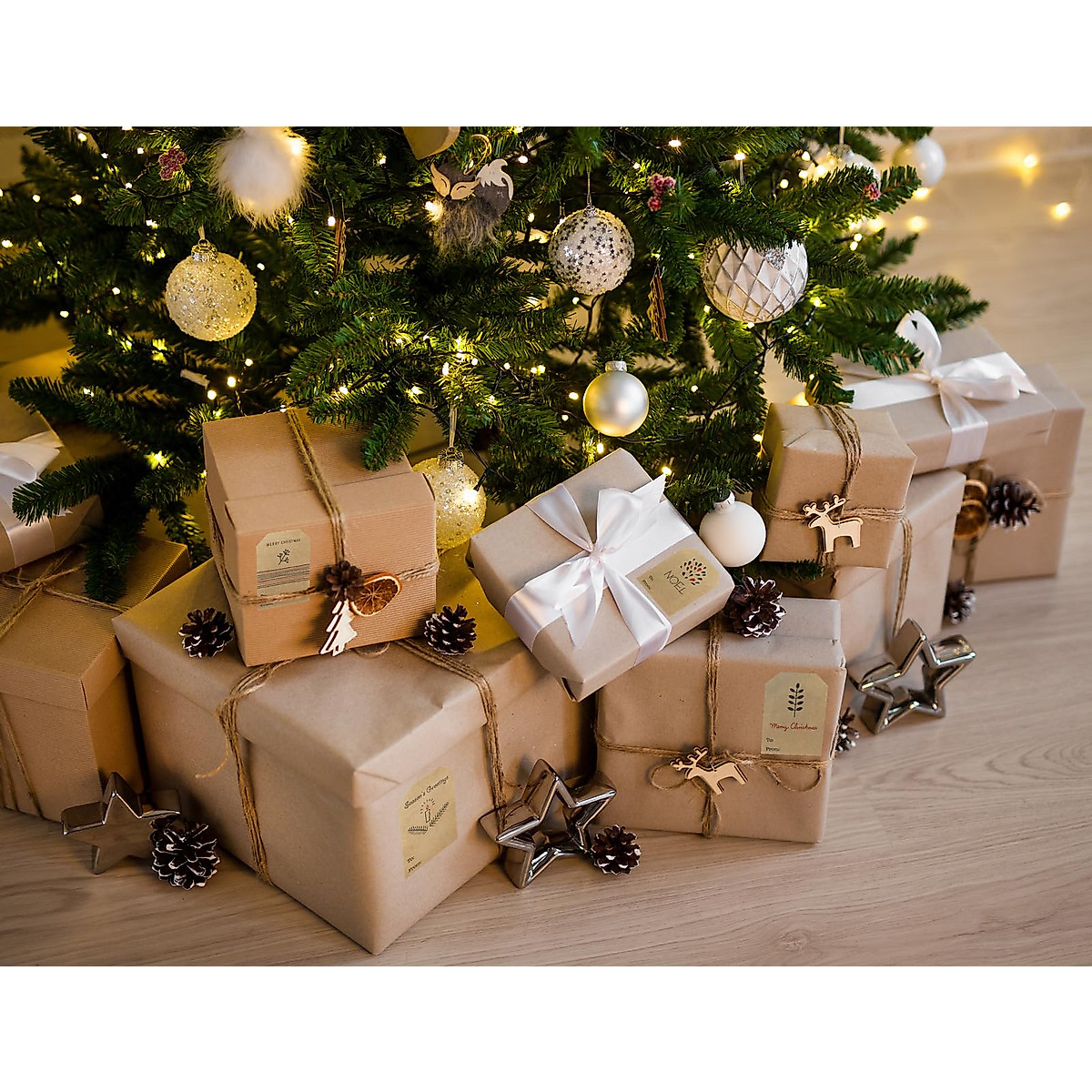 Boho Simple Christmas Gift Tag Adhesive Stickers – 2 x 3 Inch Labels, Roll of 100 with Minimalist Designs – Merry Christmas, Noel, and Candle, Made in The USA