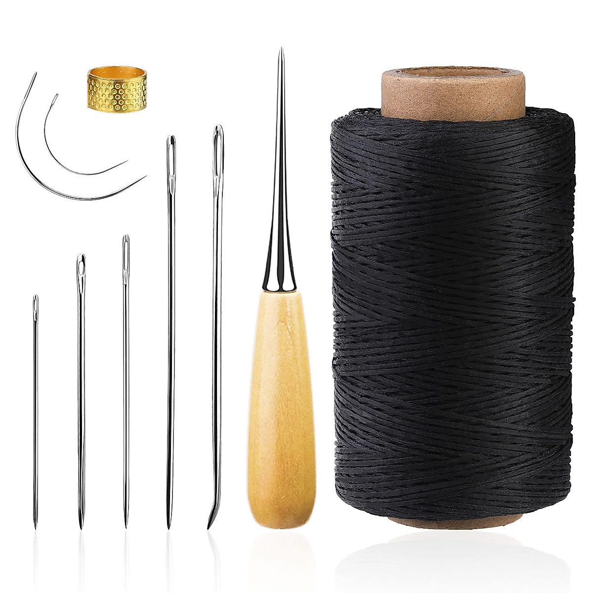 BAGERLA 273 Yards Leather Waxed Thread Sewing Kit Including Black Waxed Thread Needle Awl Thimble, Upholstery Repair Kit for Leather Carpet Sofa Seat Shoe Sewing and Repair