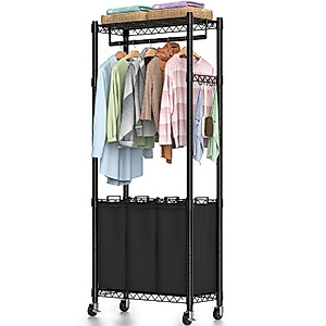Hodonas Rolling Laundry Basket Organizer with Wheels and Hanging Bar, Laundry Hamper Cart Laundry Sorter 3 Section, Dirty Clothes Hampers for Laundry Bedroom Bathroom w/ 3 Removeable Bags, Black