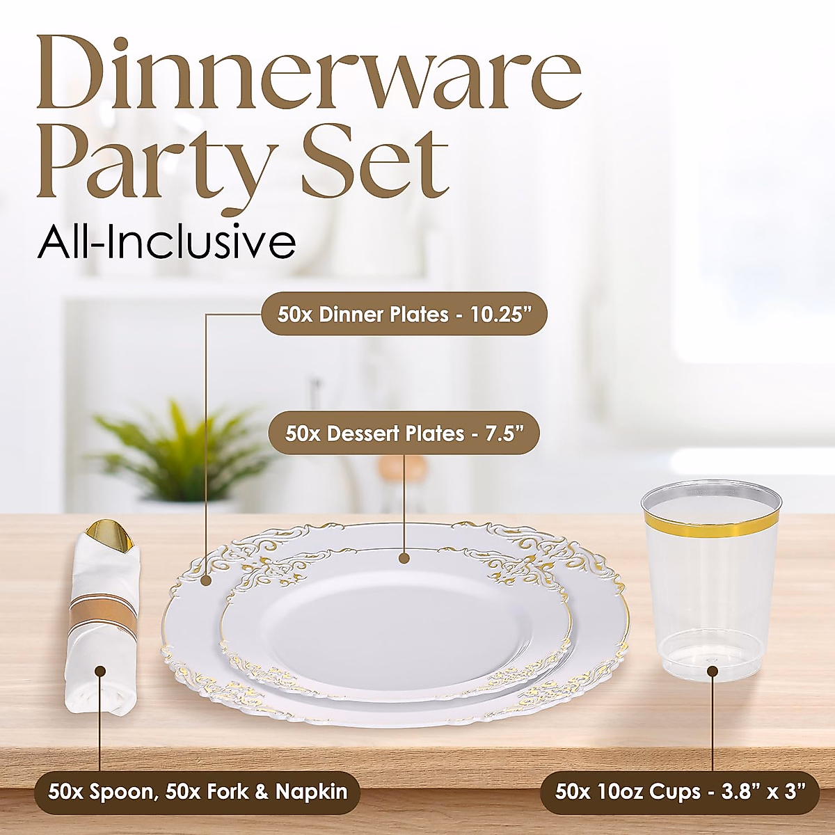 Zulzzy 350 PCS White and Gold Plastic Plates Vintage Design - Includes 50 Dinner Plates, 50 Dessert Plates, 50 Napkins, 50 Cups & Gold Silverware. Ideal for Weddings, Parties & Events.