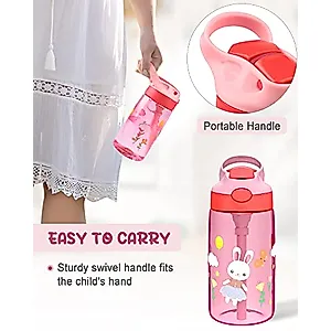 A+ Choice Kids Water Bottle with Straw & Handle - 16 oz BPA Free Kids Water Bottles, Spill Proof, Easy-Clean, Dishwasher Safe - Cute Rabbit Pink