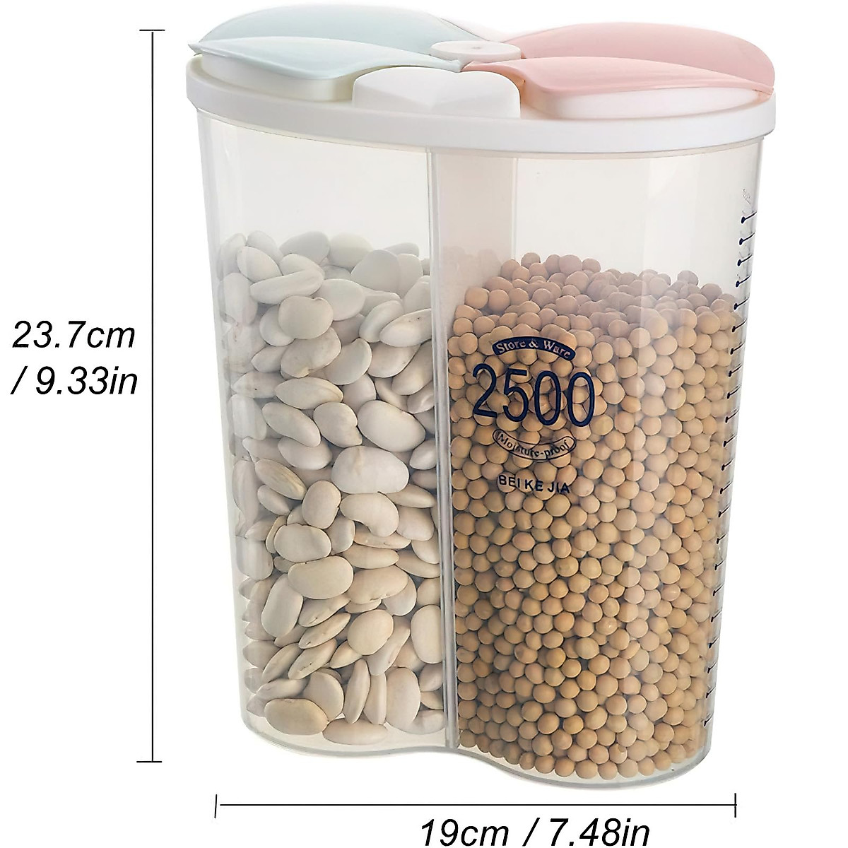 auons Airtight Kitchen Food Storage Container, Leak-Proof BPA Free Plastic Plastic Dry Cereal Dispensers Containers with Durable Lids for Flour, Sugar, Rice (2500ml-2 Grid)