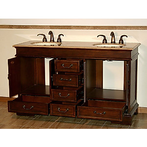 Silkroad Exclusive HYP-0715-T-UIC-60 Travertine Stone Double Sink Bathroom Vanity with Furniture Bath Cabinet, 60", Medium Wood