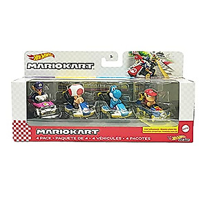 Hot Wheels Mario Kart Vehicle 4-Pack, Set of 4 Fan-Favorite Characters Includes 1 Exclusive Model, Collectible Gift for Kids & Fans Ages 3 Years Old & Up