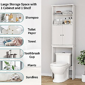Shintenchi Over The Toilet Storage Cabinet, Bathroom Above The Toilet Rack, Bathroom Adjustable Shelf Organizer with Open Bottom Bar and Anti-Tip Device, White