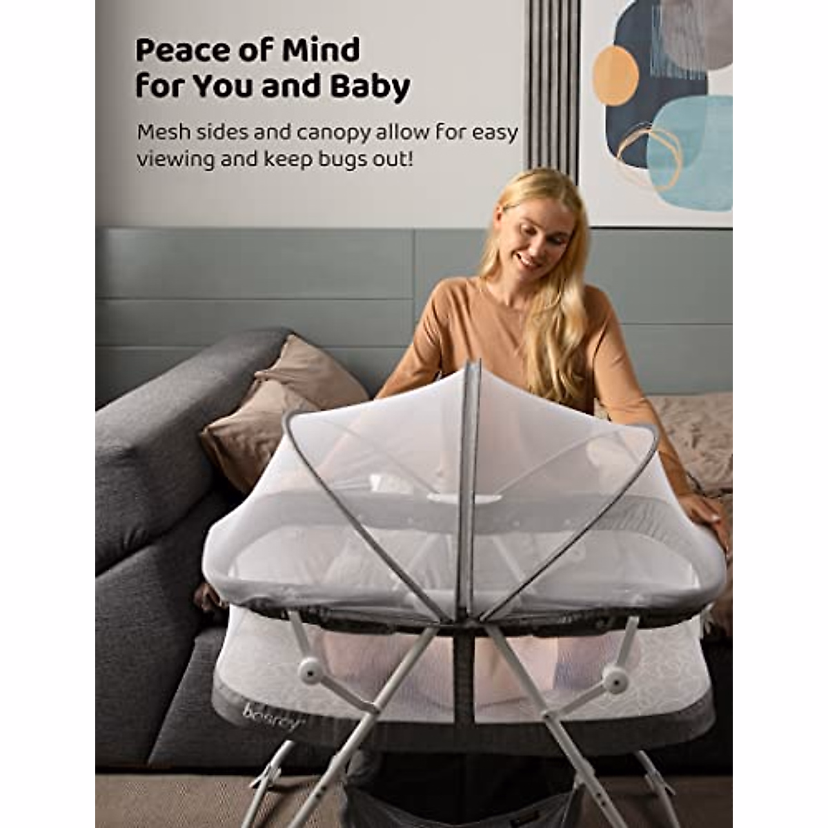 besrey Bassinet for Baby, 3 in 1 Portable Baby Bassinets, Rocking Cradle Bed, Easy Folding Bedside Sleeper Crib, Quick-Fold for Newborn Infant, up to 33 lb Compact Storage, Mattress and Net Included