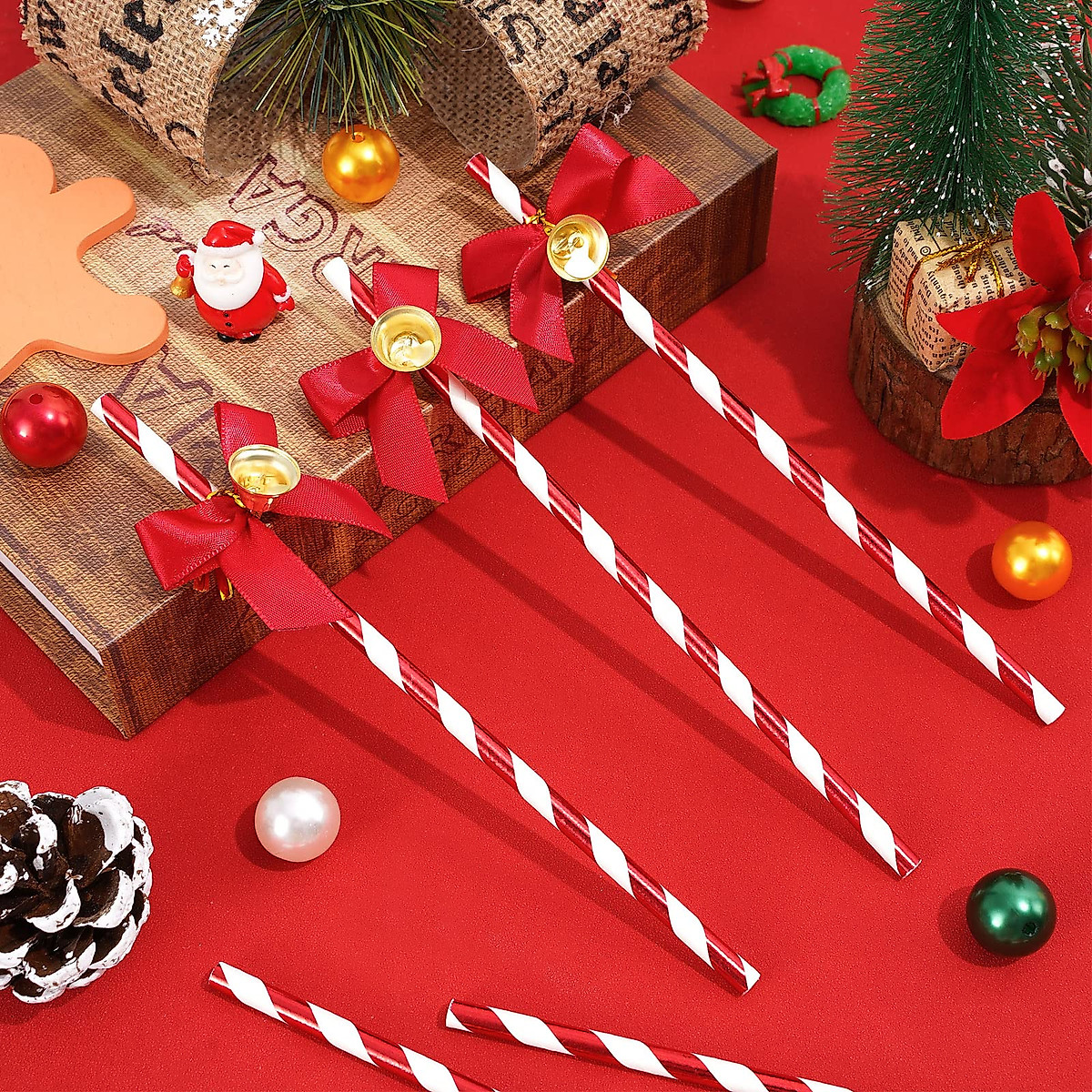 Whaline Christmas Paper Straws Red Bow Gold Bell & Red White Stripe Disposable Straws Merry Christmas Drinking Decorative DIY Straws for Christmas Wedding Xmas Birthday Winter Party Supplies, 25Pcs