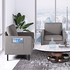 STHOUYN Fabric Comfy Small Accent Chair Set of 2 Living Room Bedroom Chairs, Reading Arm Chair for Adults, Suitable Small Spaces Office Couch, Light Grey (2, Light Grey)