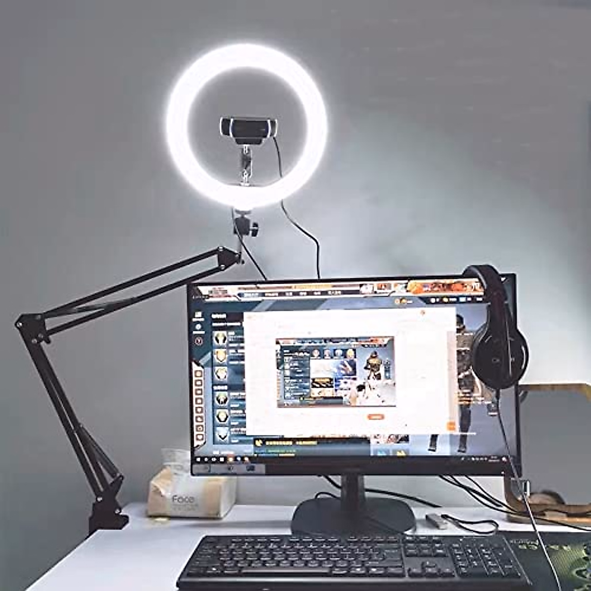 Overhead Video Mount Articulating Arm,Cell Phone Holder, Webcam Stand Lazy Desk Arm Clamp Desktop Suspension Scissor Accessory for Flat Photography Videography Recording Livestream（Black）