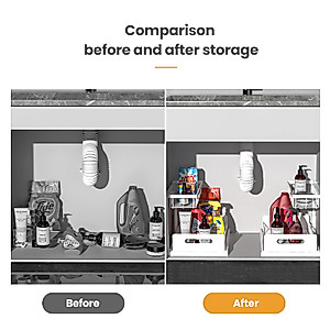 WZMYO Under Sink Organizers and Storage 2-Tier Heavy Duty Metal Slide Out Pull Out Drawers L-Shape Under Cabinet Storage Around Plumbing, for Under Kitchen Bathroom Sink Organizers and Storage(White)