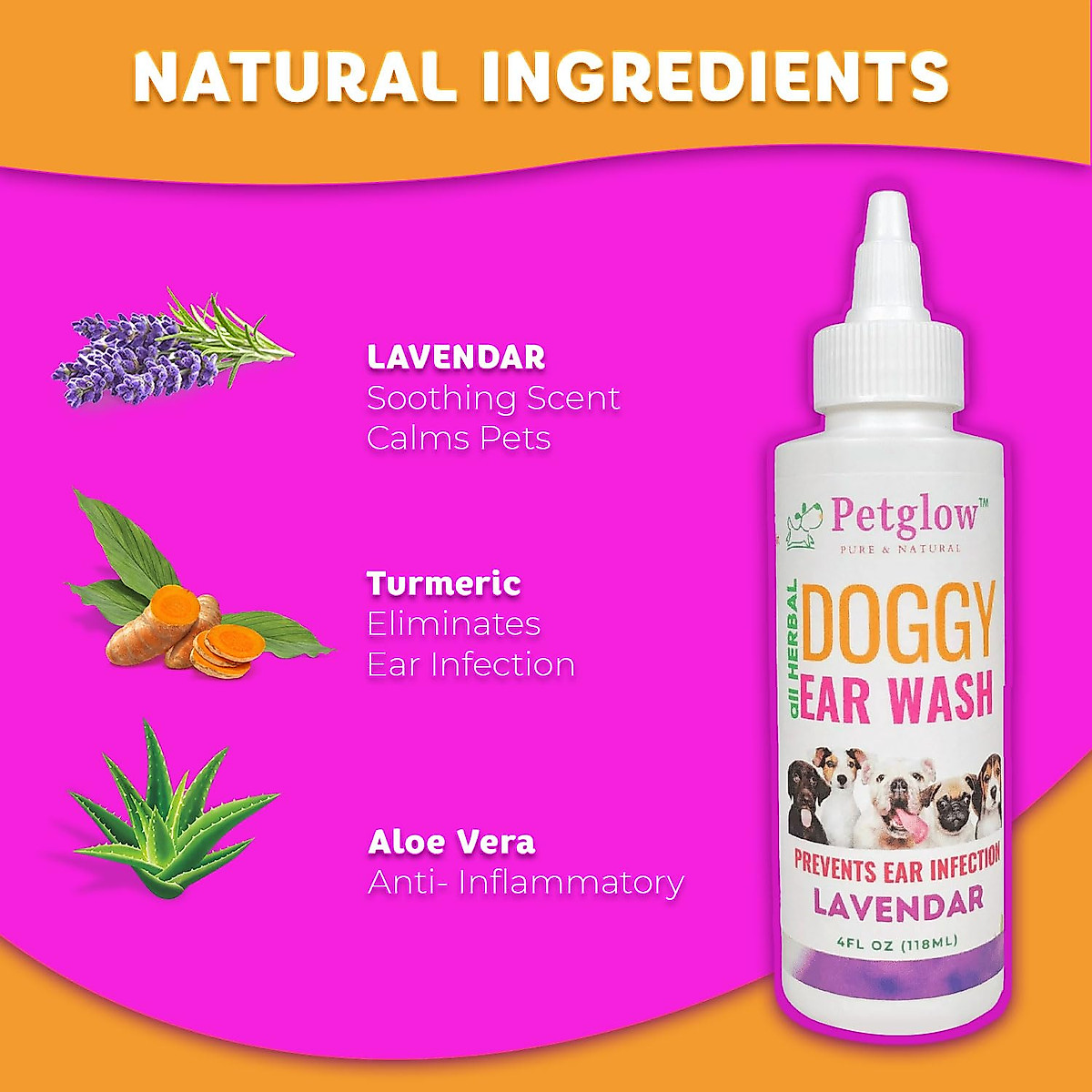 Petglow Dog Ear Cleaner, Gentle Wax Remover, Gentle Ear Cleaning Drops, Effective Ear drops for Itch, Odor, Aloe Vera and Turmeric Ear Cleaning Solution for Dogs, Cruelty-Free