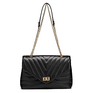 Large Crossbody Bags for Women Stylish Quilted Flap Bag with Adjustable Golden Shoulder Chain Strap (Black)
