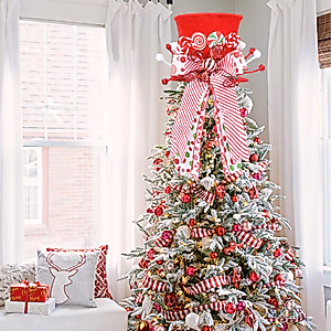HMASYO Candy Cane Christmas Tree Topper, Large Red Tree Topper Hat with Candy Peppermint Bows Ribbon Ornament, Top Hat Christmas Tree Topper for Home Office Holiday Tree Decoration Xmas Gift