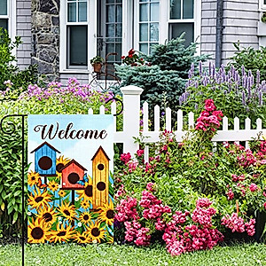 Heyfibro Welcome Spring Garden Flag Double Sided with Sunflower Pattern 12 x 18 Inch Burlap Yard Flag Welcome Garden Banner for Outside