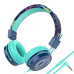 BASEMAN Kids Headphones, Headphones for Boys Girls Children Teens 3.5mm Jack Wired On Ear Headset 85dB Volume Limit Stereo Earphones with Microphone for Smartphones School Kindle ipad PC Tablet - Blue