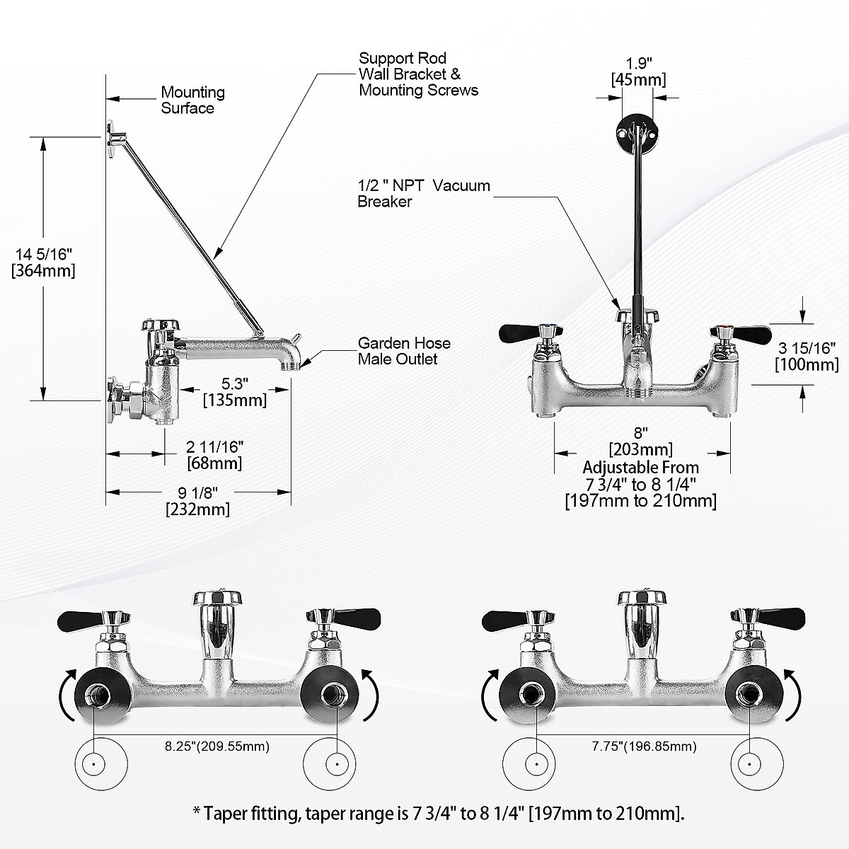 Mop Sink Faucet Service Sink Faucet with Vacuum Breaker, Pail Hook & Garden Hose Thread, 8" Adjustable Center