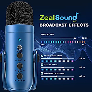 ZealSound USB Microphone,Condenser Gaming Mic for Phone/Laptop/PC/PS4/5/Computer,Microphone with Gain Knob,LED Mute,Monitor Volume Adjustment,Stand Base for Streaming, Podcast, Studio Recording (Blue)