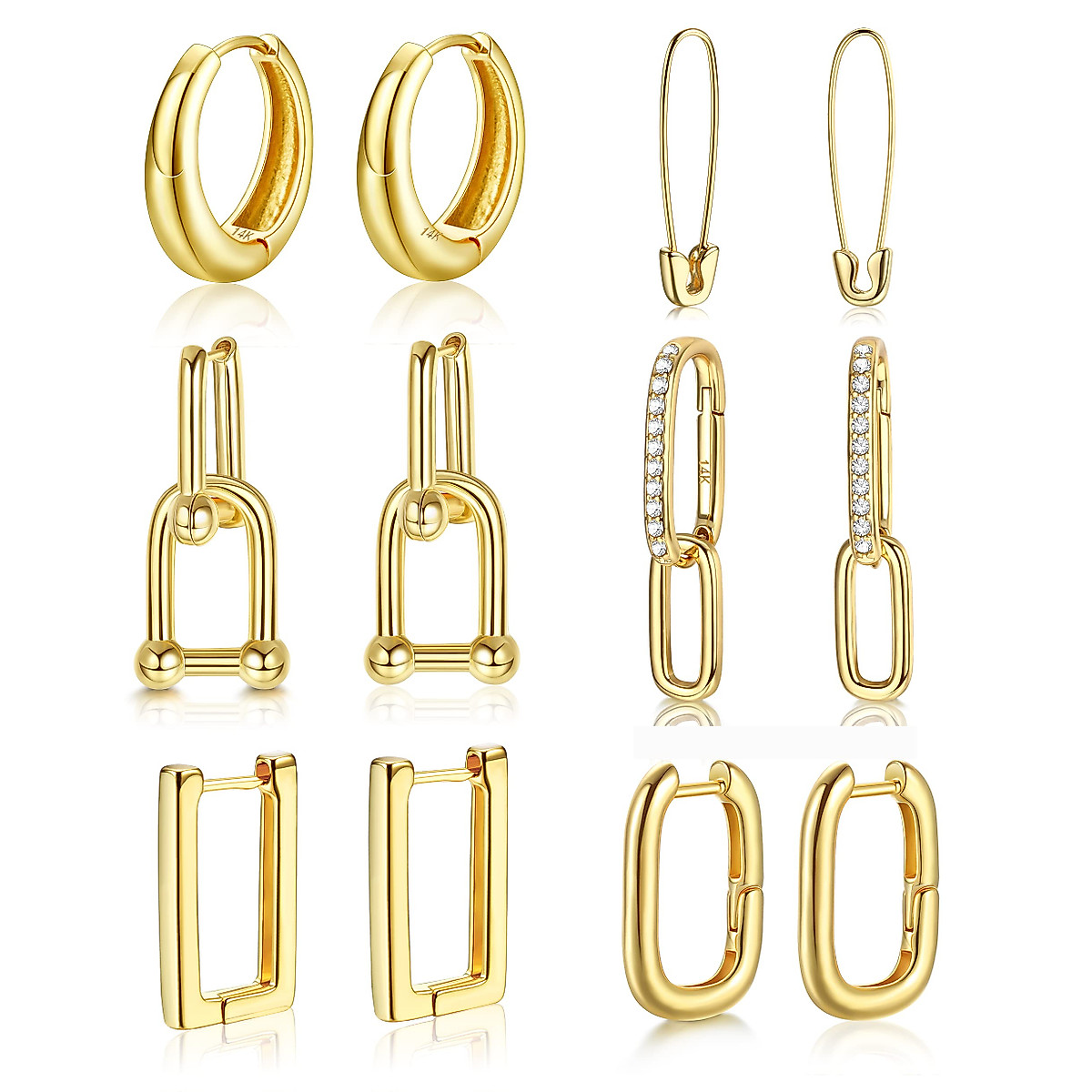 HAIAISO 6Paris Gold Earrings Set 14k Gold Plated Cubic Zircon Link Earrings Paperclip Link Chain Earrings U Shape Pin Huggie Hoop Earrings Drop Dangle Earrings Set for Women
