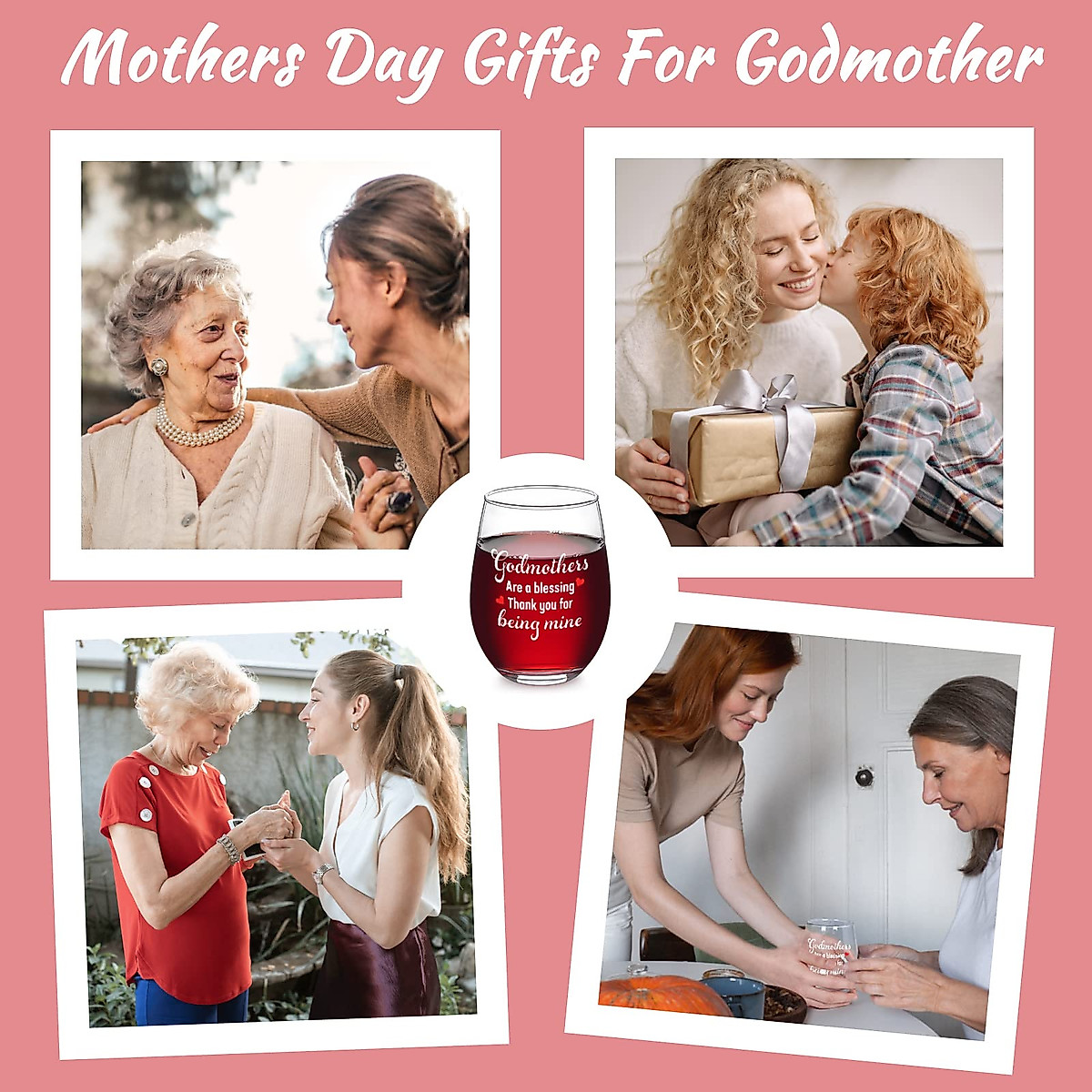 DAZLUTE Godmother Gift, Godmothers Are a Blessing Thank You for Being Mine Stemless Wine Glass for Godmother Aunt Women Christmas Birthday Baptism, Godmother Mothers Day Gifts from Godchild, 17Oz