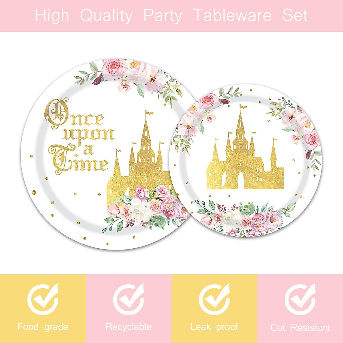 Girl Fairytale Princess Birthday Tableware Party Supplies Serves 24 Guests Once Upon a Time Pink Floral Gold Castle Plates Napkins Forks for Girls Birthday Party Decoration Supplies