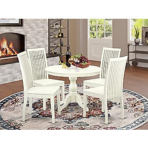 East West Furniture HBIP5-LWH-W 5 Piece Dining Room Table Set Includes a Round Dining Table with Pedestal and 4 Wood Seat Chairs, 42x42 Inch, Linen White