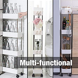 Modern Home 4 Tier Narrow Sliding Storage Organizer Rack - Laundry/Bathroom/Kitchen Rolling Cart (White)