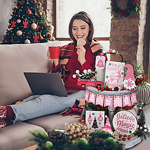 Pink Christmas Decoration, Christmas Tiered Tray Decor 15 Pcs Pink Christmas Ornaments Farmhouse Rustic Decor Christmas Gnome Truck Snowflake Wooden Sign for Christmas Centerpiece Table Party Holiday