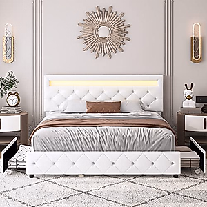 Keyluv Queen Upholstered LED Bed Frame with 4 Storage Drawers and Adjustable Crystal Button Tufted Headboard, Platform Bed with Solid Wooden Slats Support, No Box Spring Needed, White