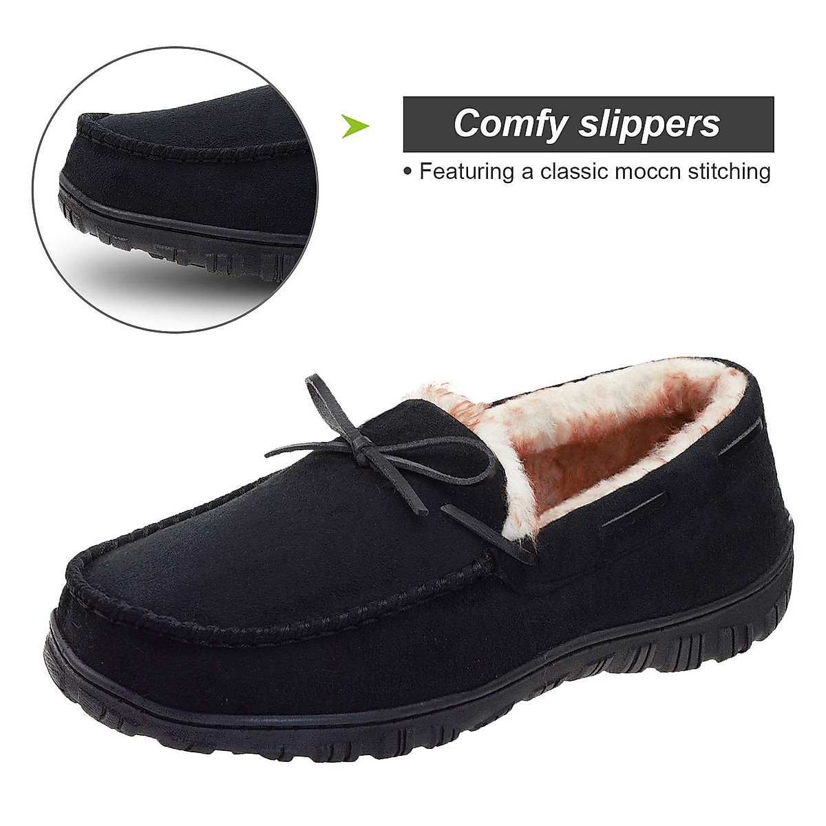 LA PLAGE Men's Moccasin Slippers Memory Foam Warm Plush House Slippers, Indoor Outdoor Comfortable Winter House Shoes 10 US Black