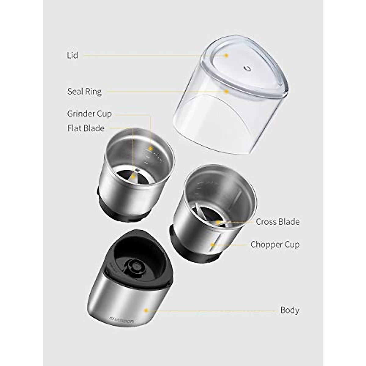 SHARDOR Coffee Grinder Electric, Herb Grinder, Spice Grinder Electric, Wet Grinder for Spices and Seeds with 2 Removable Stainless Steel Bowls, Silver